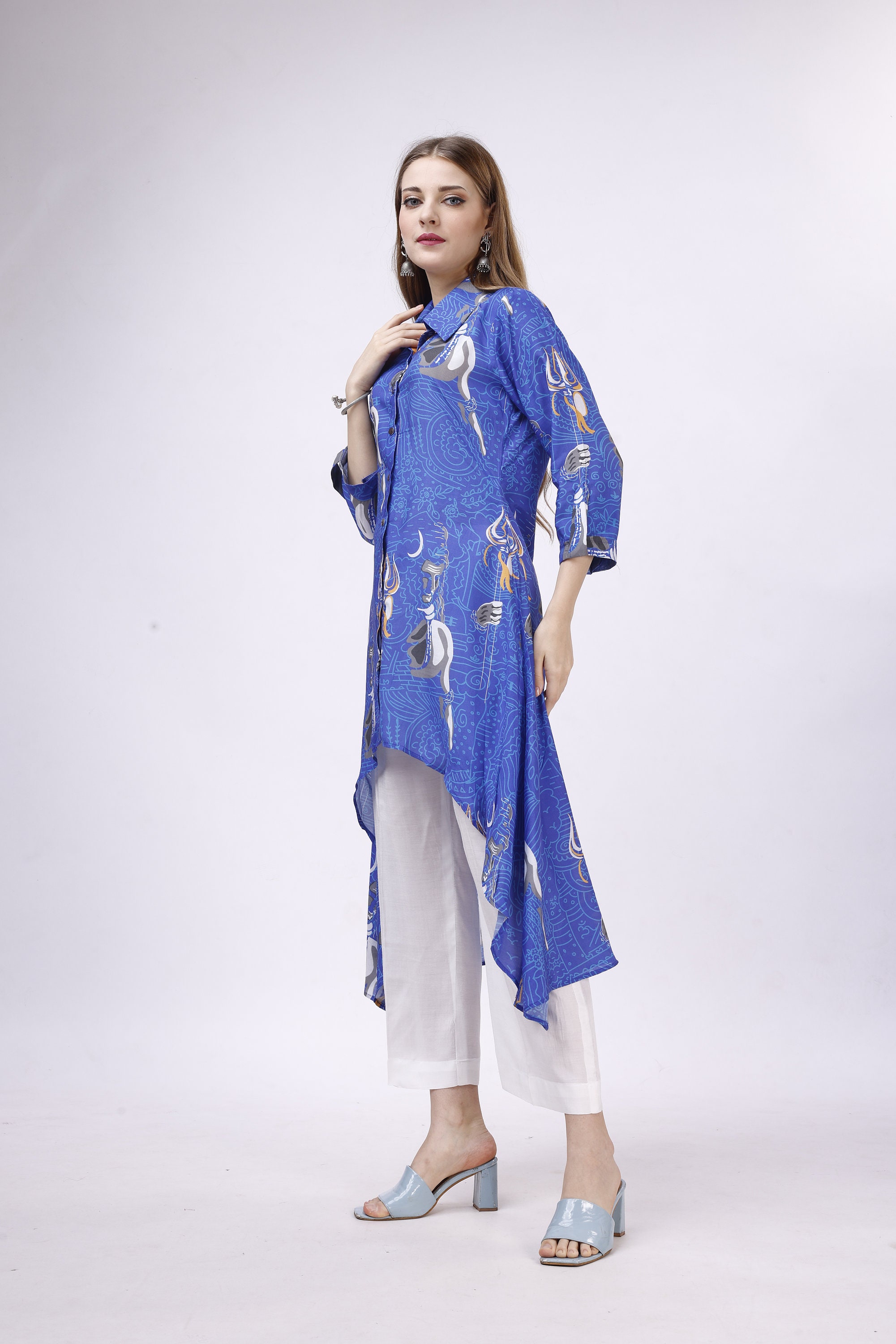 Blue Kurta Pant Set With Lord Shiva Print for Shraavan Month Pure ...