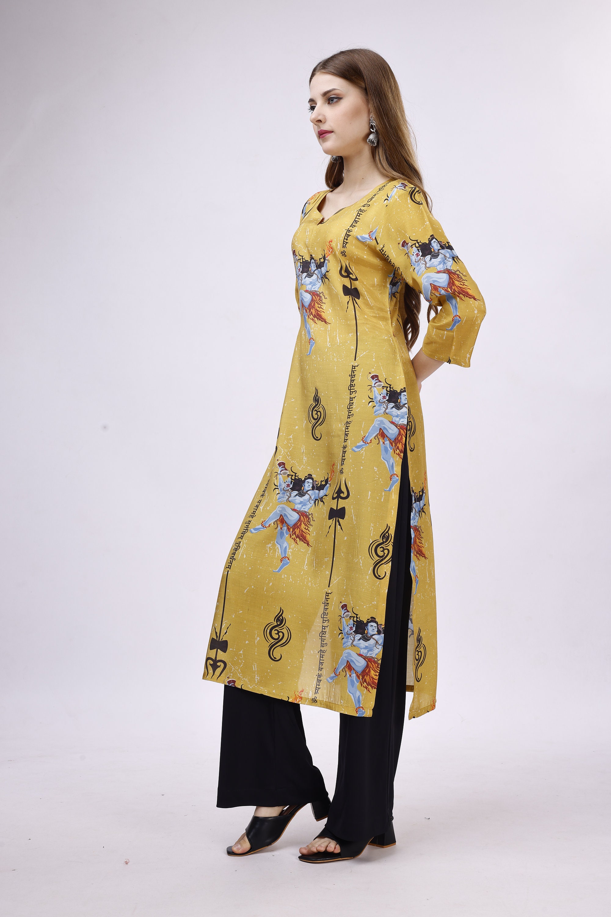 Yellow Kurta Pant Set for Shraavan Month Lord Shiva Print - Yellow ...