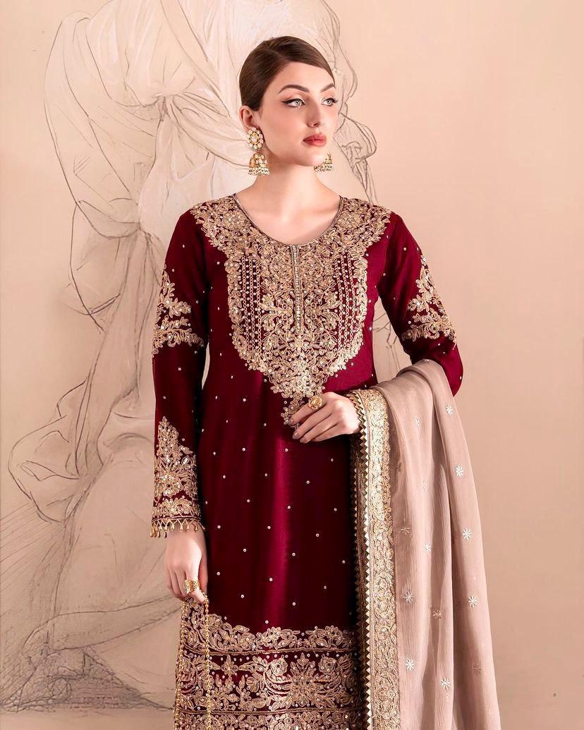 Maroon Color New Designer Party Top Palazzo N Dupatta Set Full ...