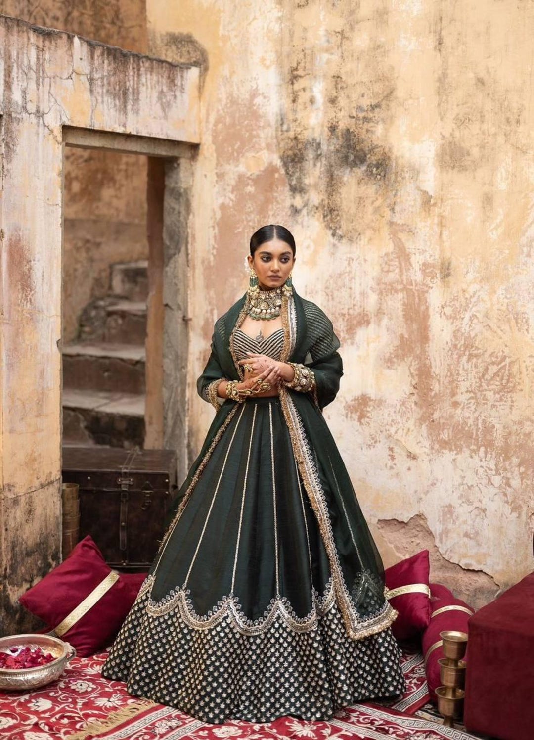 Green Color Chinon Heavy Embroidery Work Lehenga Choli, Wedding Wear ...