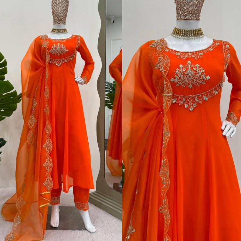 Saffron Color New Designer Embroidery Neck Gown, Party Wear Gown ...