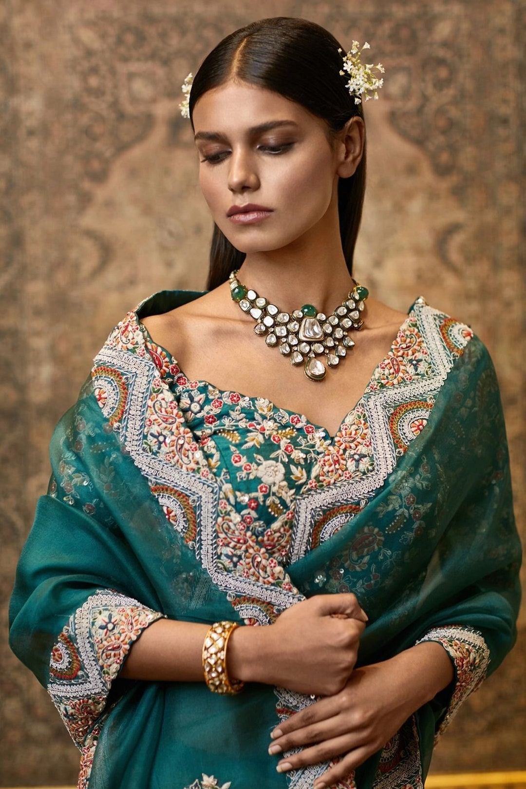 Morpich Color Organza Silk Saree With Golden Border Patti - Etsy