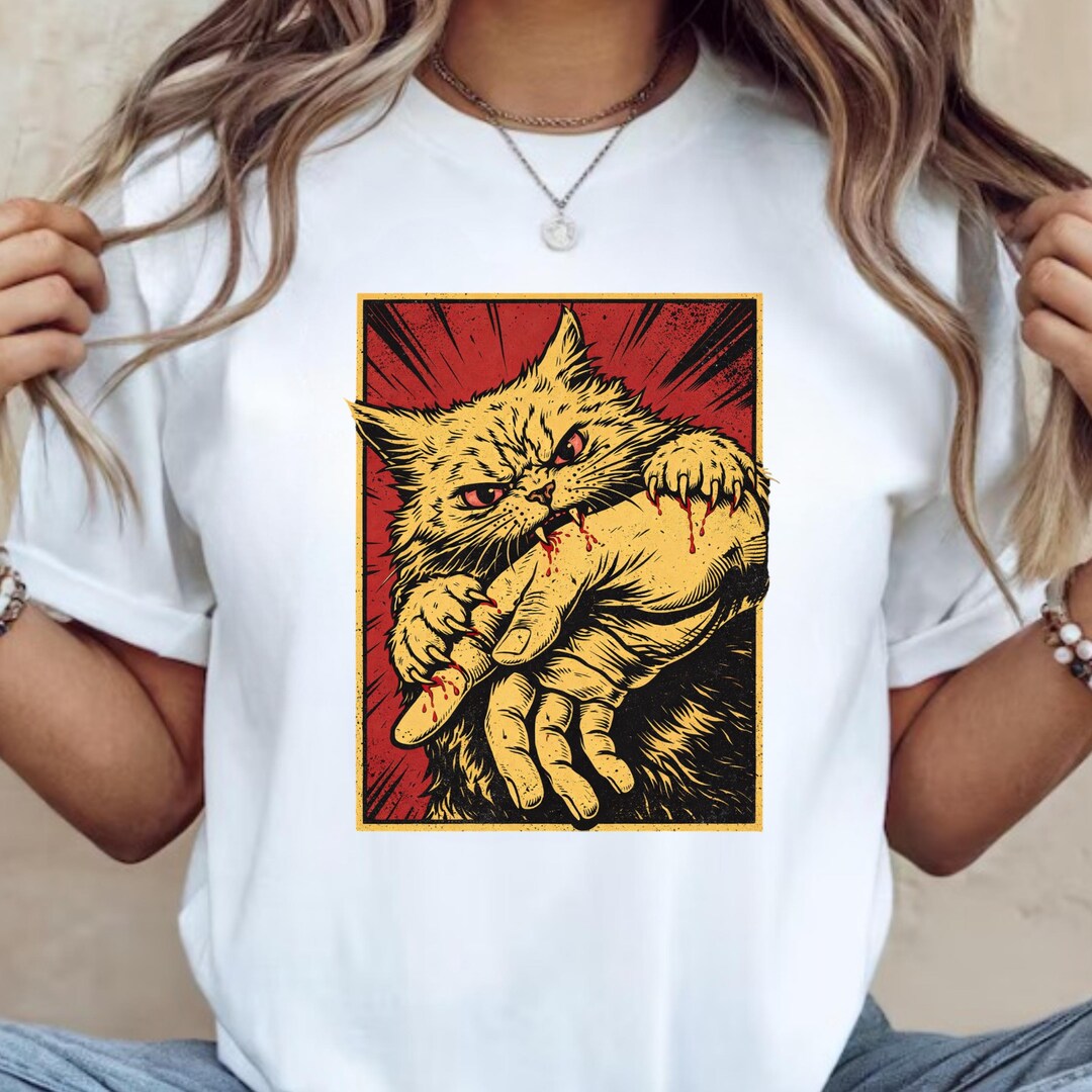 Angry Cat Biting Hand Shirt — Retro Comic Cat Graphic Tee, Grumpy Cat ...