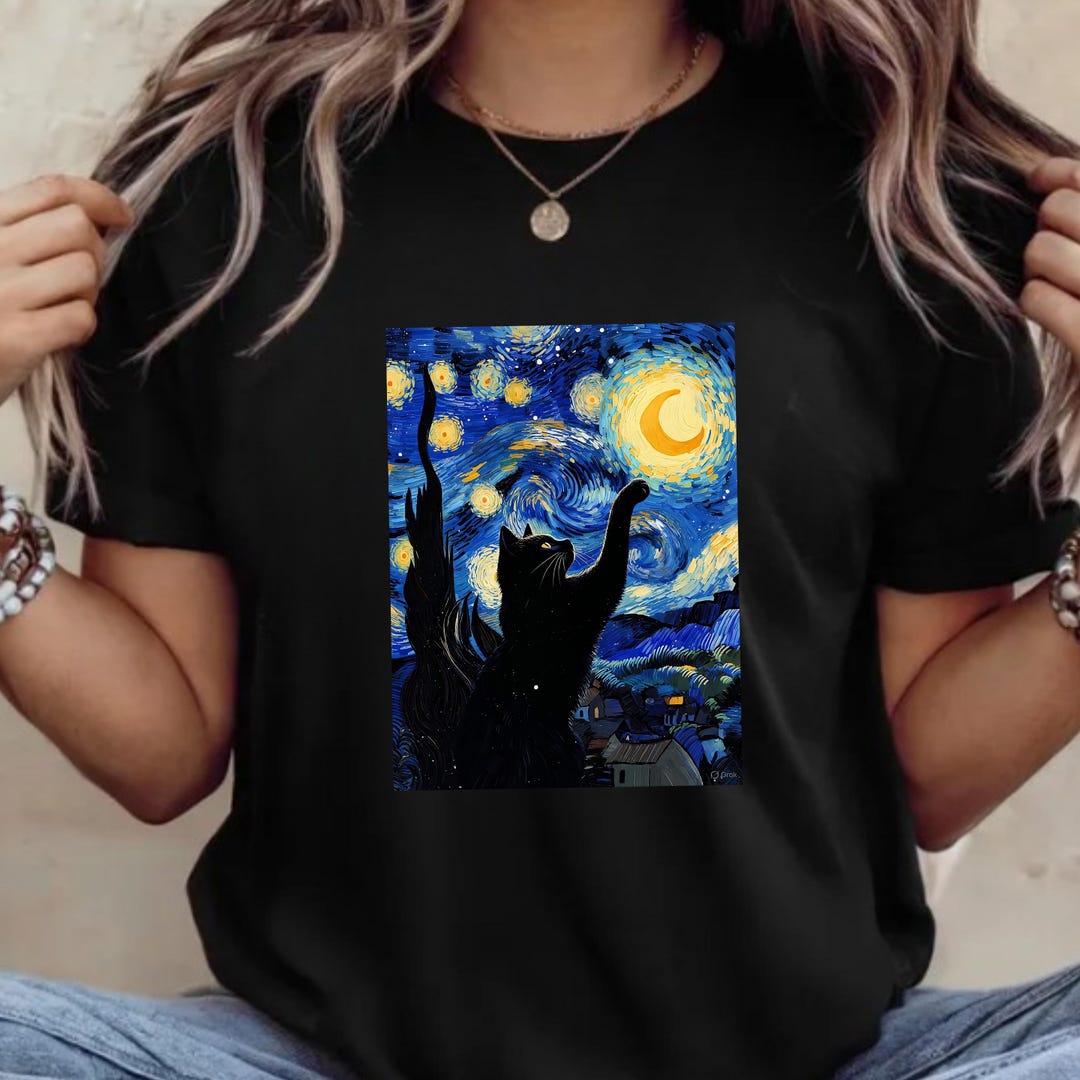 Black Cat Starry Night Shirt, Starry Night Shirt, Van Gogh Paint Cat ...