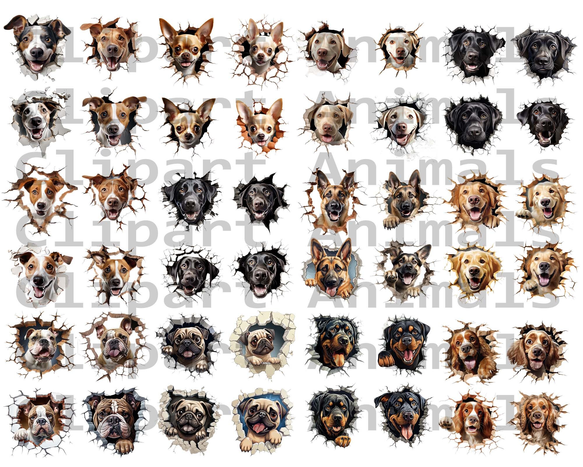 Dogs Clipart Bundle With 48 Dogs Through Breaking Wall - PNG Files ...