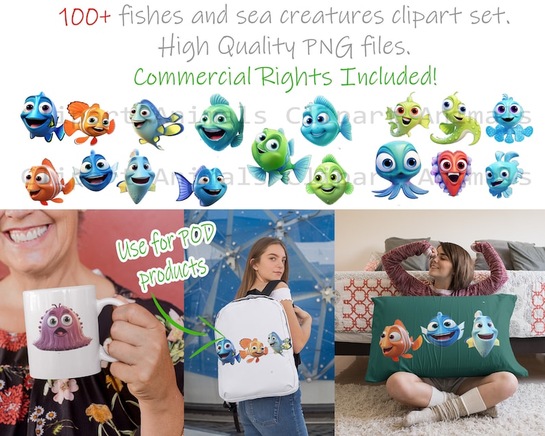 100+ Fishes and Ocean Creatures Clipart Set - Fish Clipart. High ...