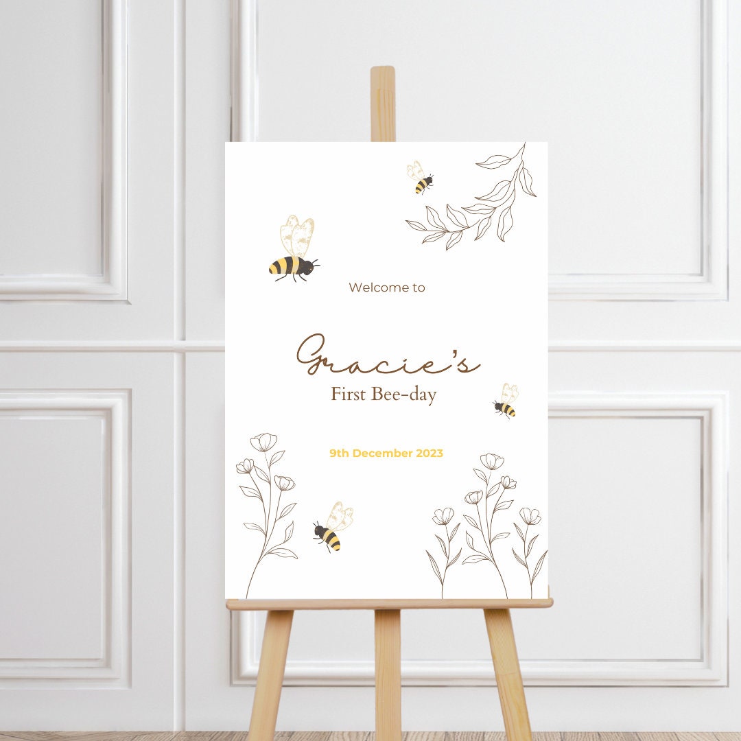 First Bee-day Welcome Sign, 1st Birthday, Editable Template, INSTANT ...