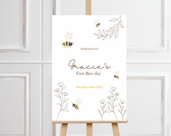 First Bee-day Welcome Sign Printable, First Bee-day Editable Template ...
