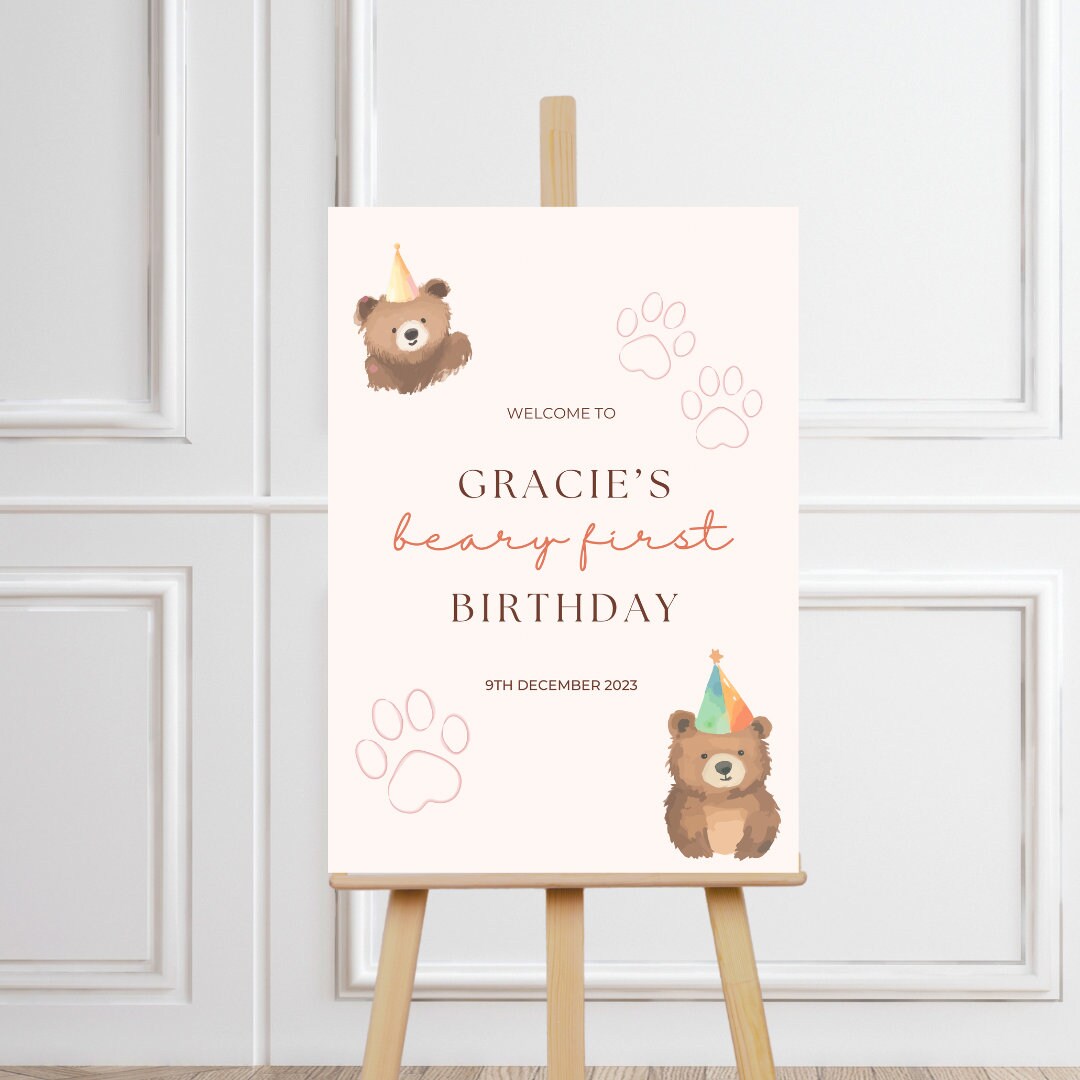 Beary First Birthday Welcome Sign, Bear 1st Birthday Party, Editable ...