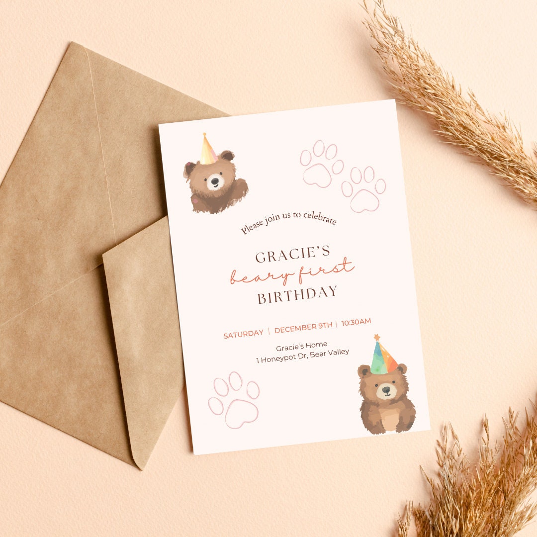 Beary First Birthday Invitation, Bear 1st Birthday Party, Editable ...