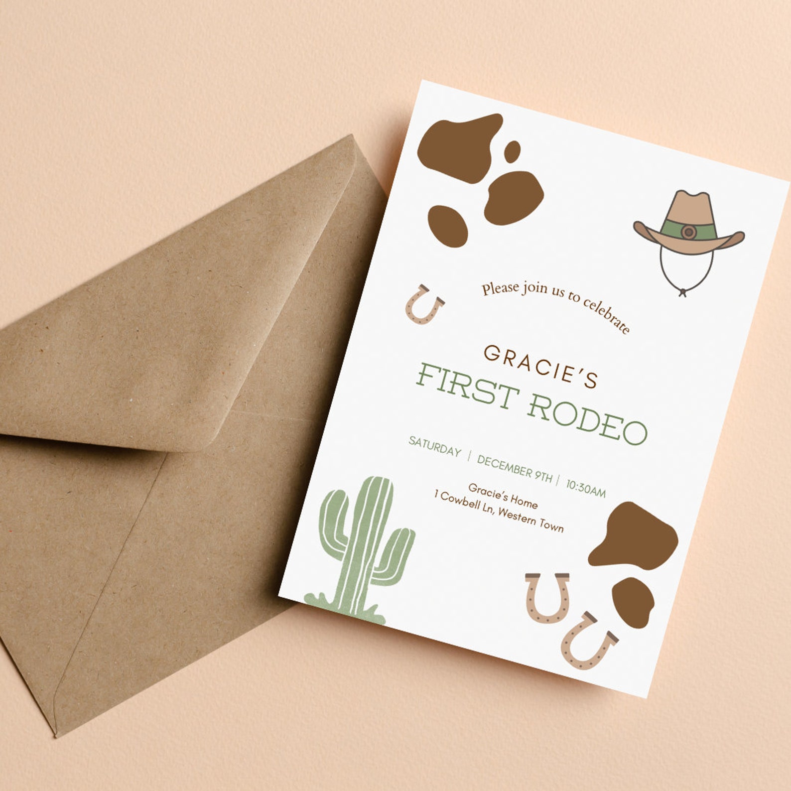 First Rodeo Birthday Green Invitation (5x7), Cowboy Party, Western ...