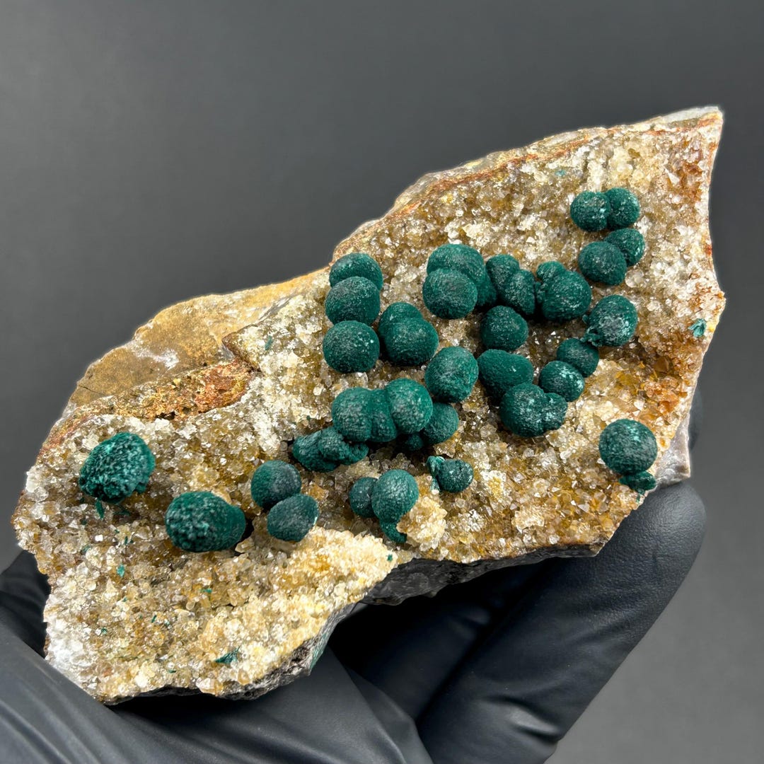 Sphenoid Crystalline Ball Malachite With Druzy Quartz on Dolomite ...