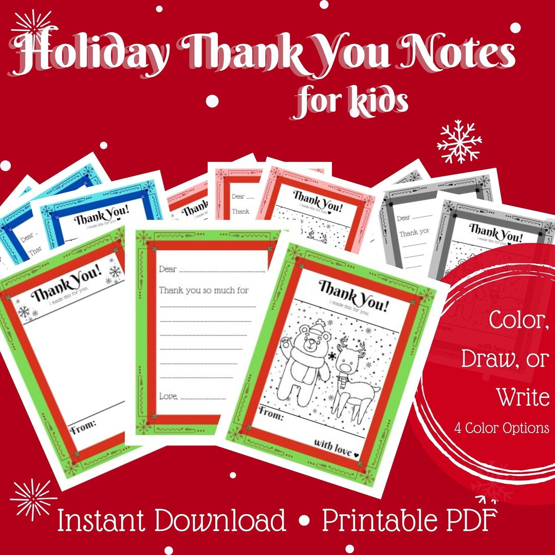 Kids' Holiday Thank You Notes Printable PDF Letters for Christmas Gifts ...