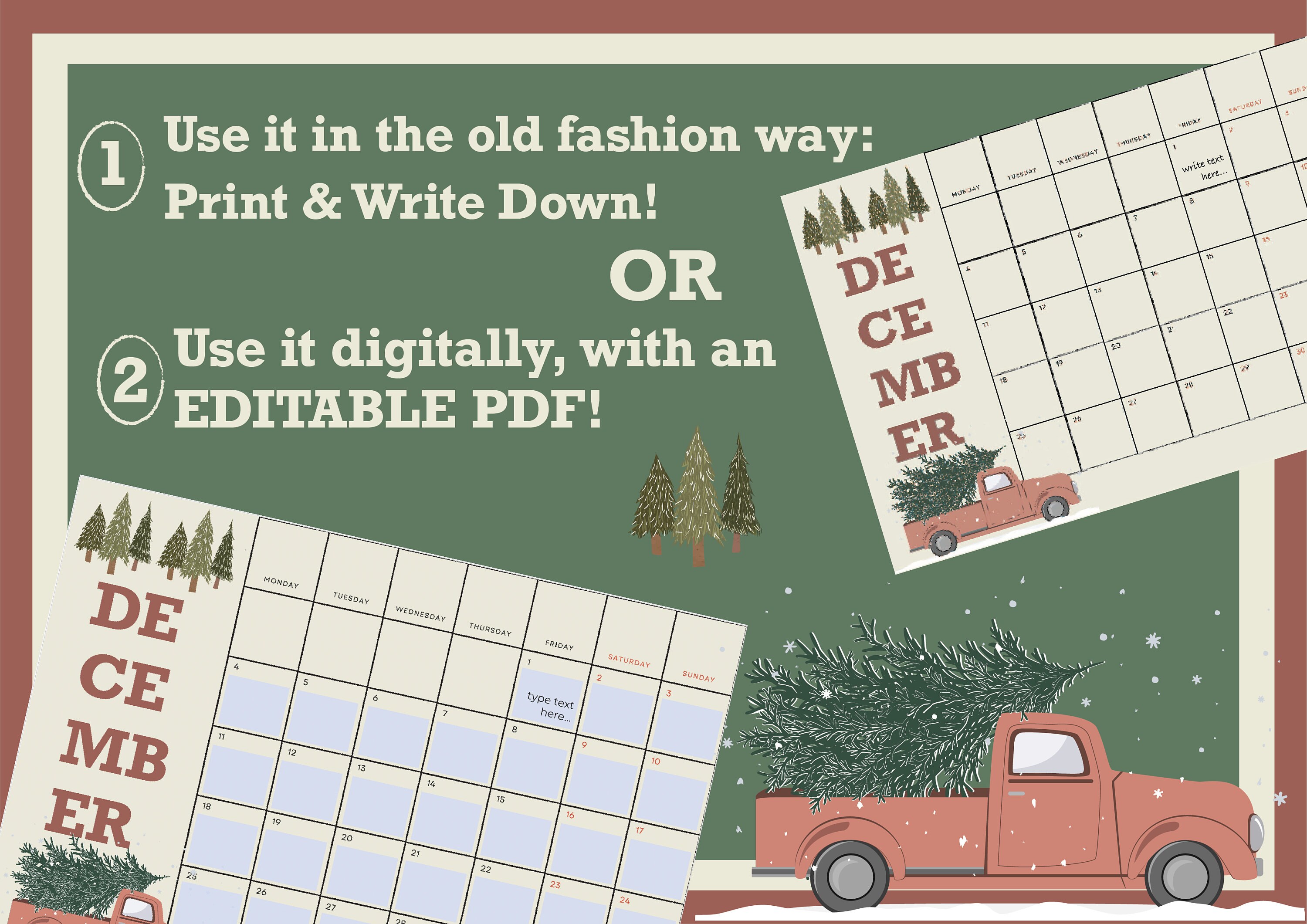 Editable and Printable Vintage December Calendar 2023, Plan Your ...