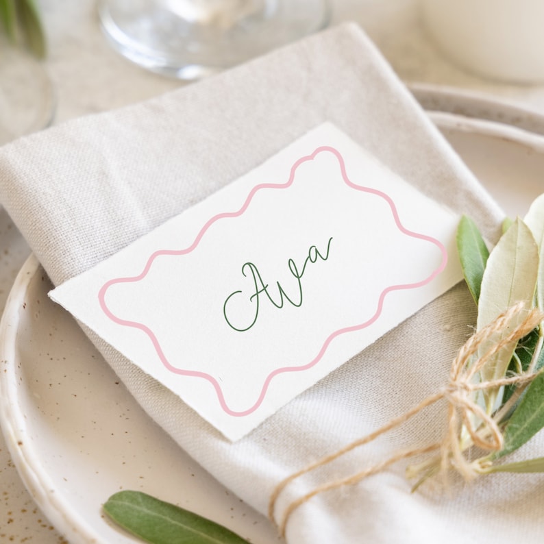 Wavy Border Wedding Place Cards Template, Editable Canva Printable Name ...