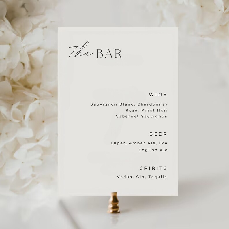 Minimalistic Printable Bar Menu | Bar Menu Sign DIY | Wedding Drink ...