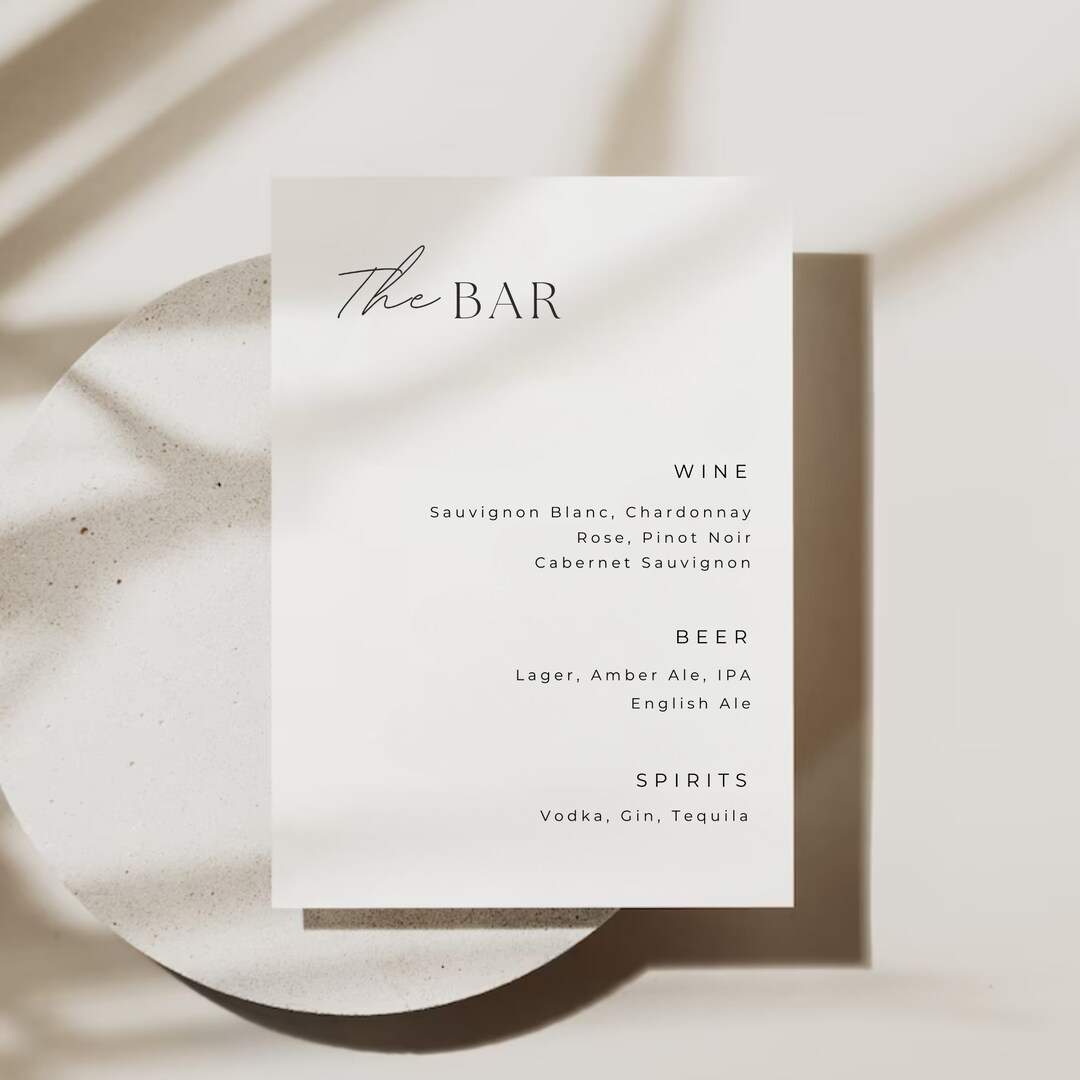 Minimalistic Printable Bar Menu | Bar Menu Sign DIY | Wedding Drink ...