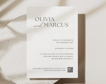 Printable Wedding Invitation With QR, Minimalist Wedding Invite Suite ...