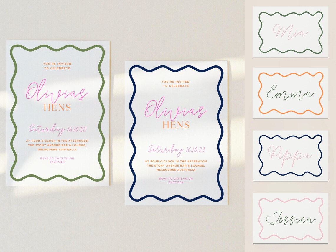 Wavy Border Hens Party Invite & Place Card Bundle (digital Download) - Etsy