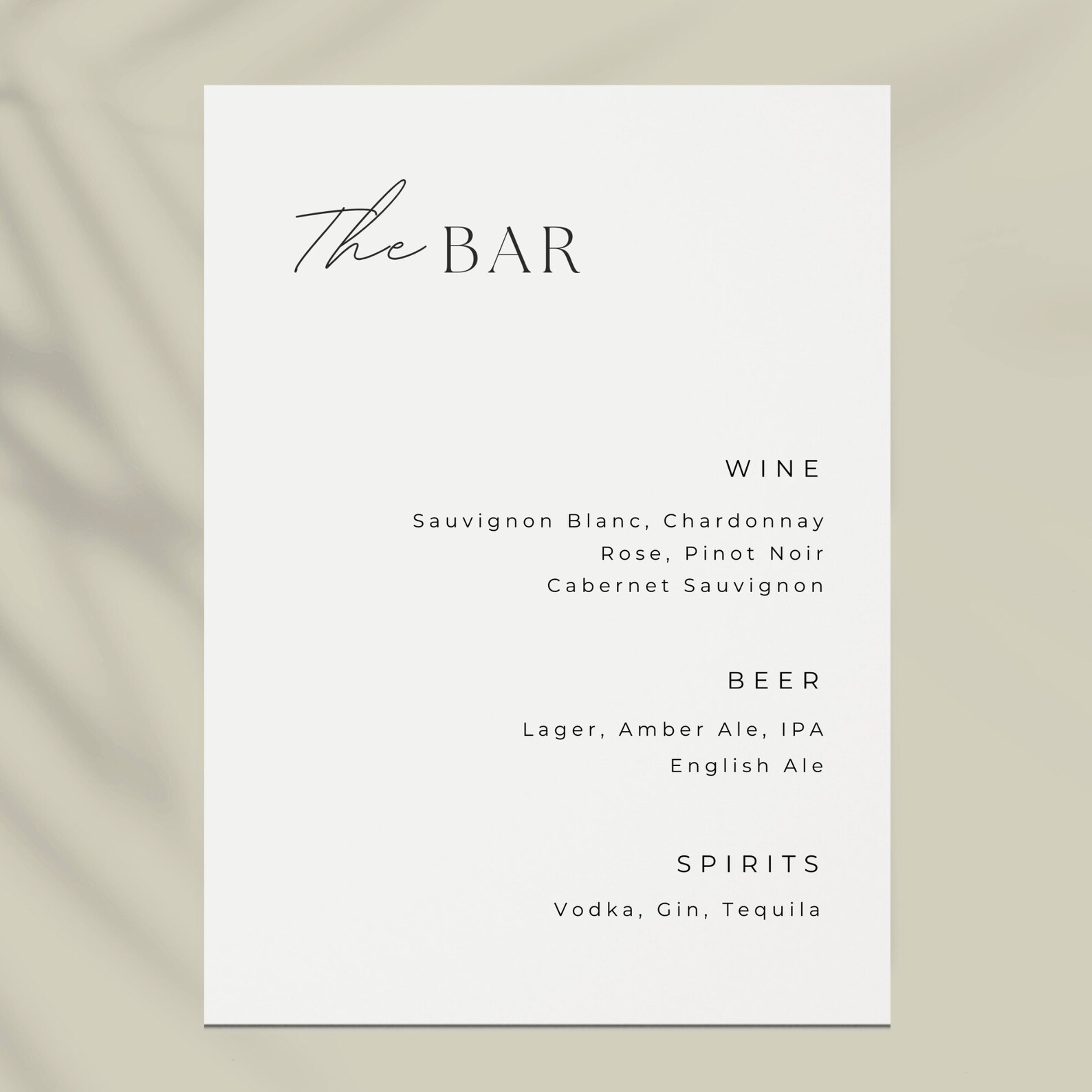 Minimalistic Printable Bar Menu | Bar Menu Sign DIY | Wedding Drink ...