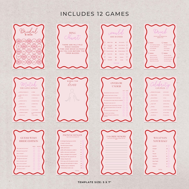 Bridal Shower Games | Bachelorette Party Game Bundle | Red and Pink ...