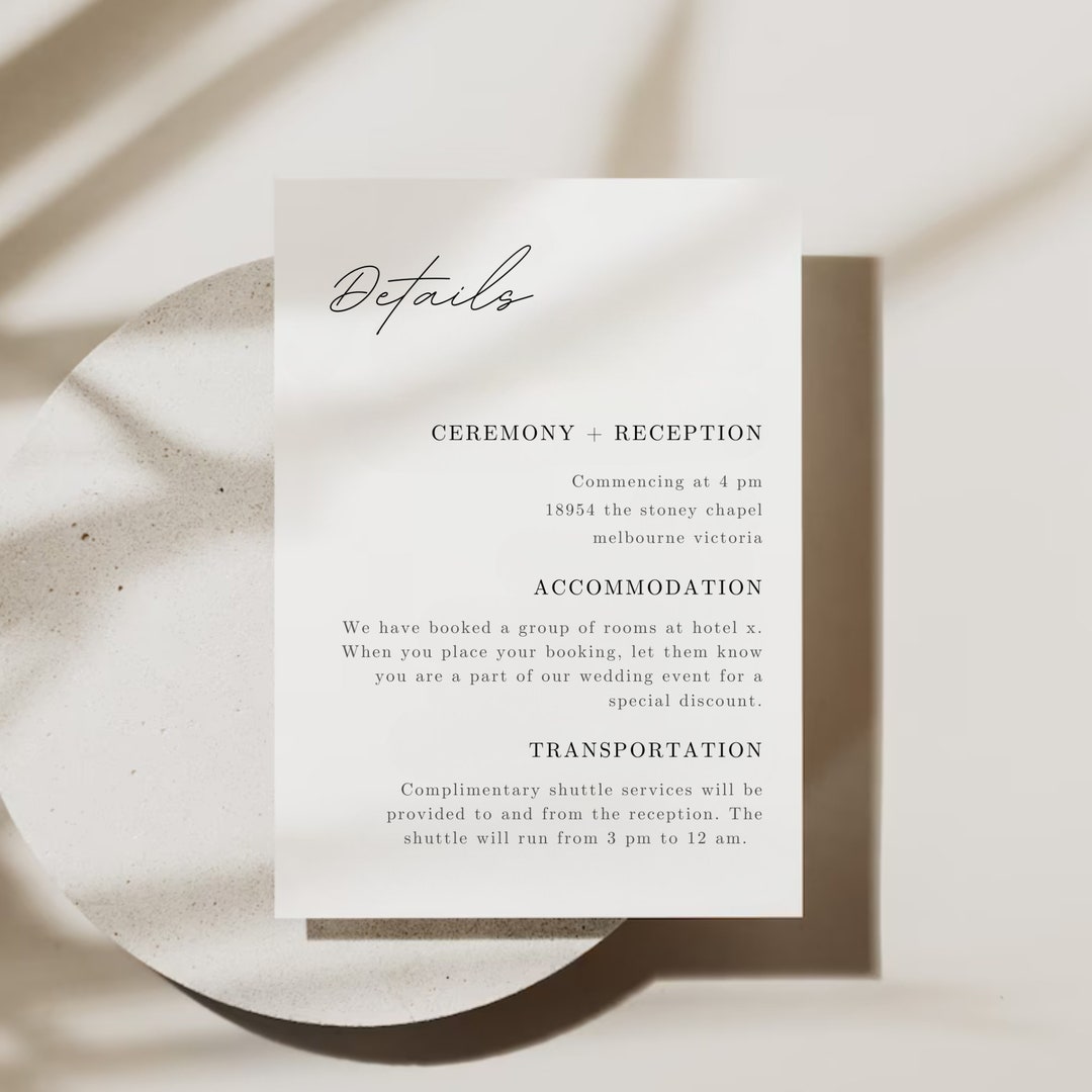 Minimalist Wedding Details Card Template, Boho Details Wedding Card ...