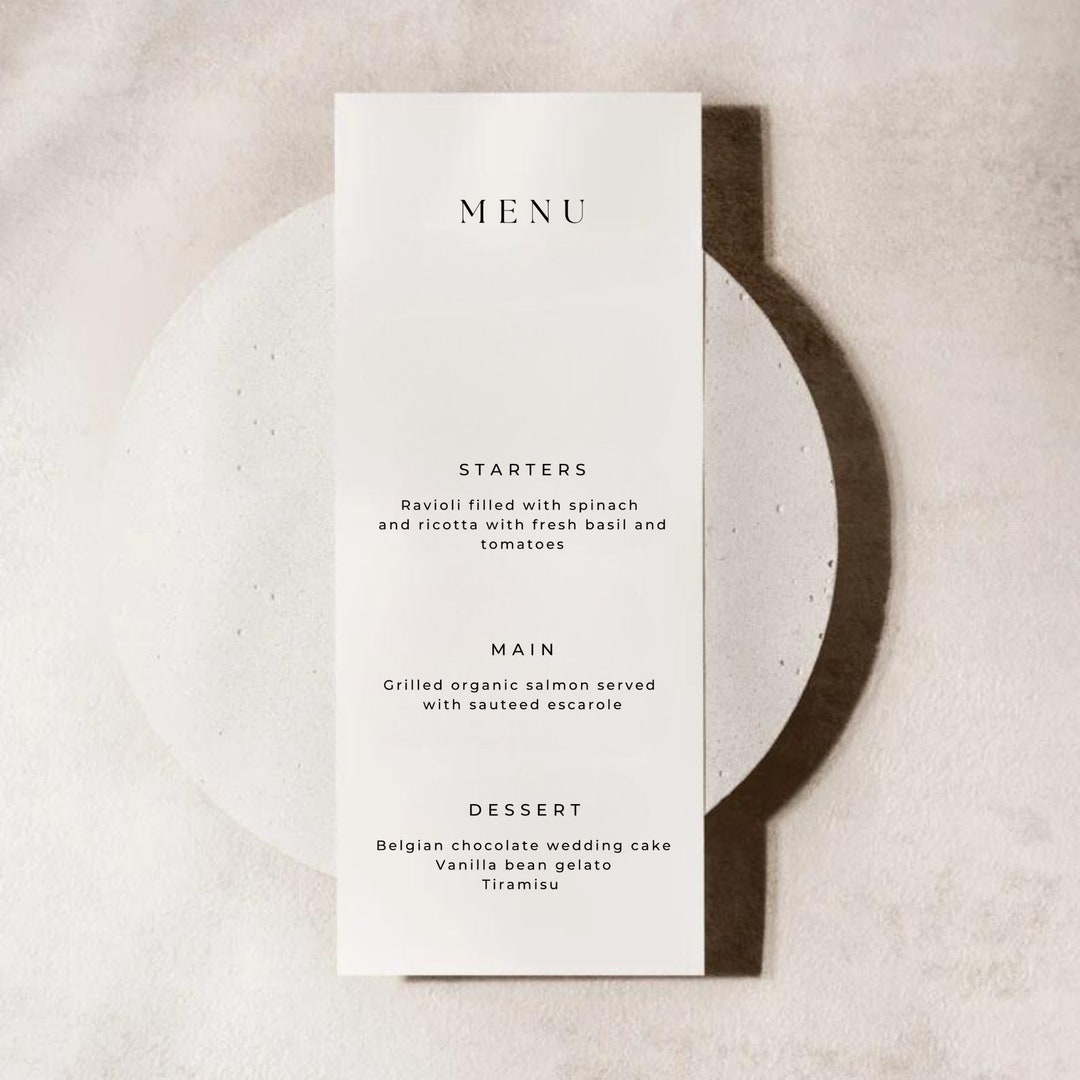Simple Modern Wedding Menu | DIY Menu Card | Simple Menu Template ...