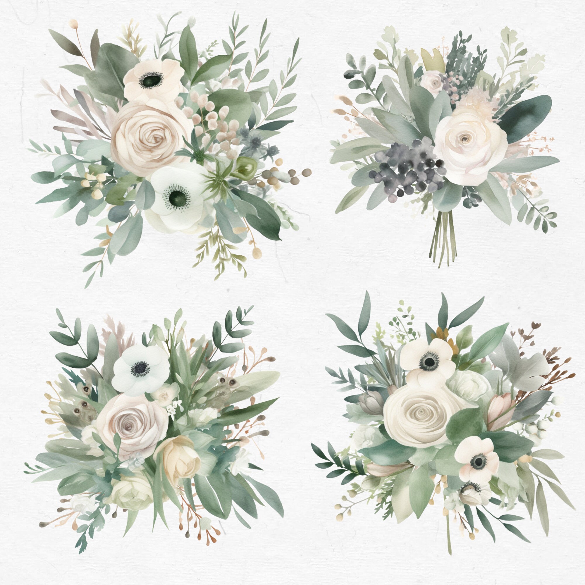 White Rose Blooms Clipart 35 PNG, Watercolor Clipart, Wedding & Shower ...