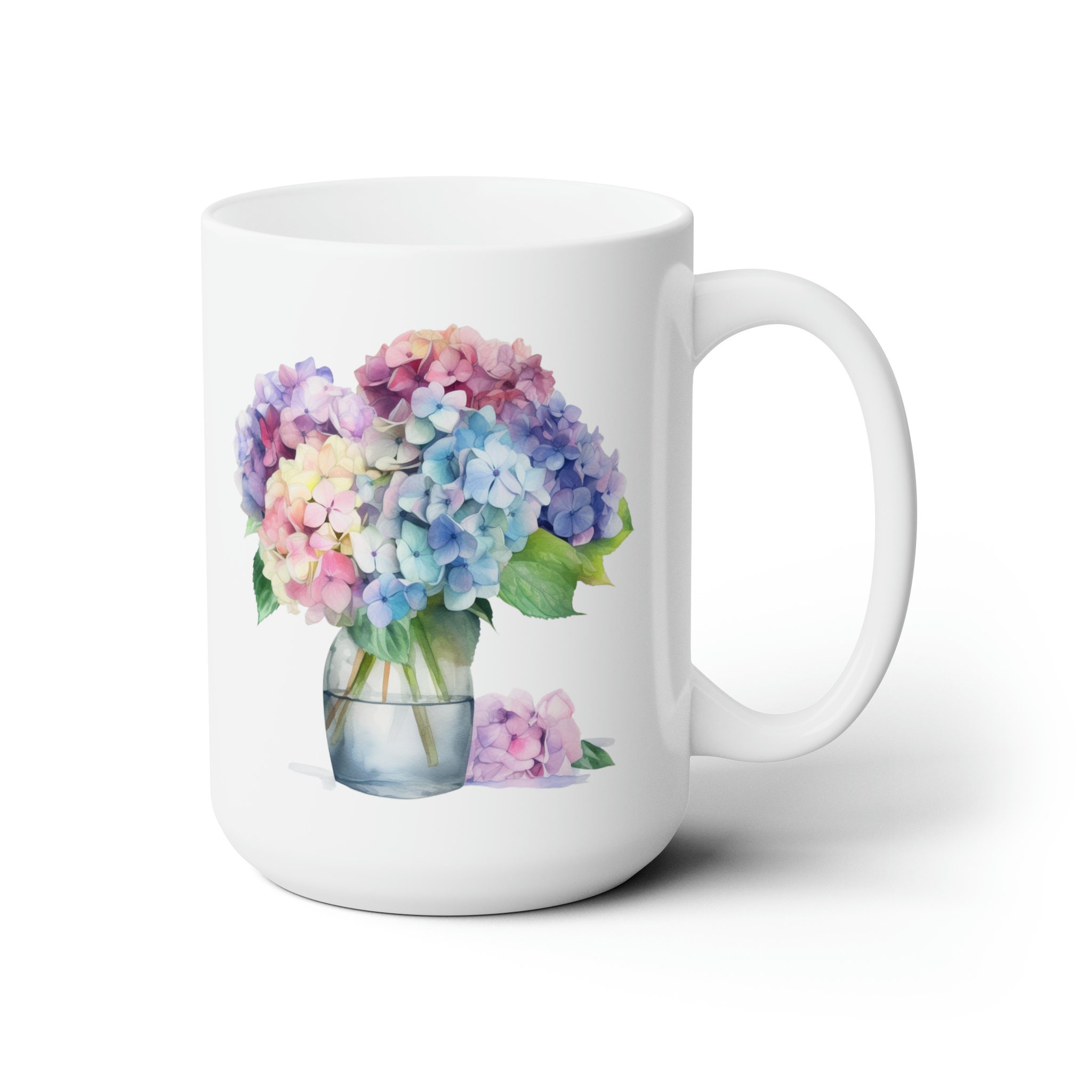 Vibrant Watercolor Vase of Hydrangeas Coffee Mug, Floral Coffee Mug ...