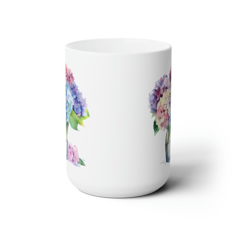 Vibrant Watercolor Vase of Hydrangeas Coffee Mug, Floral Coffee Mug ...