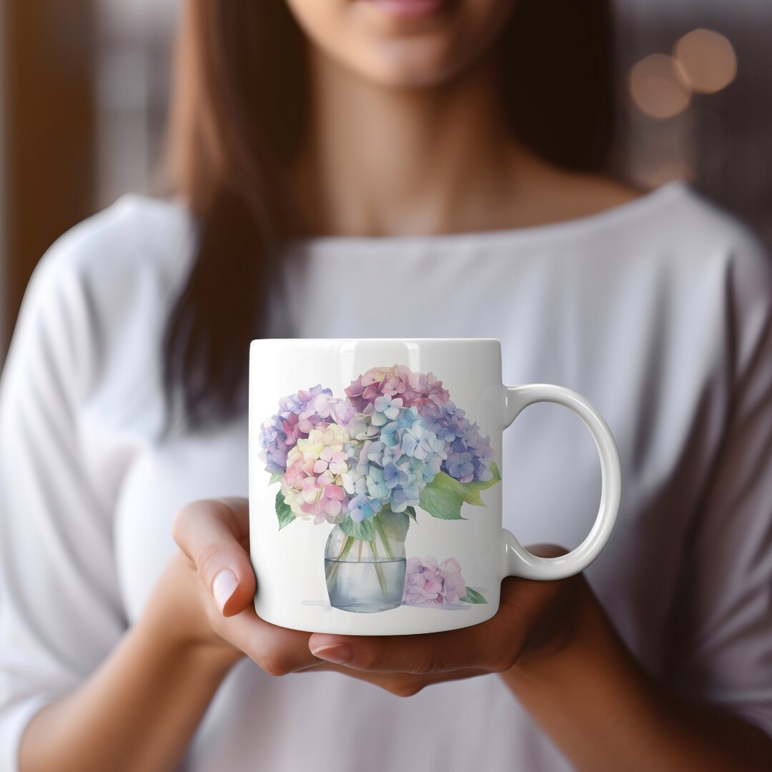 Vibrant Watercolor Vase of Hydrangeas Coffee Mug, Floral Coffee Mug ...