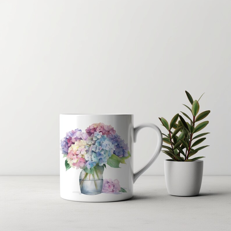 Vibrant Watercolor Vase of Hydrangeas Coffee Mug, Floral Coffee Mug ...