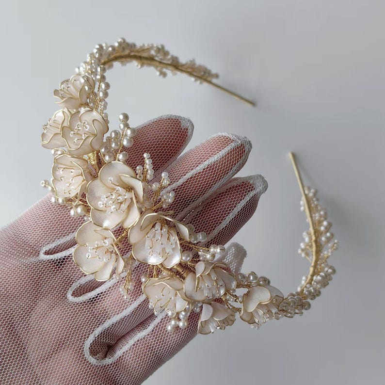Gold Bridal Tiara: Handmade Pearl Flower Wedding Headpiece - Etsy