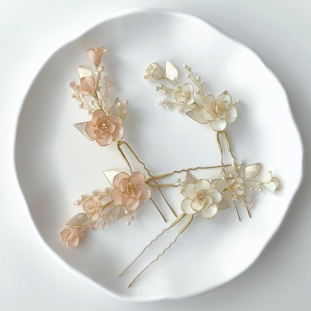 Elegant Champagne and Gold Hair Pins for Brides Beaded Branches and ...