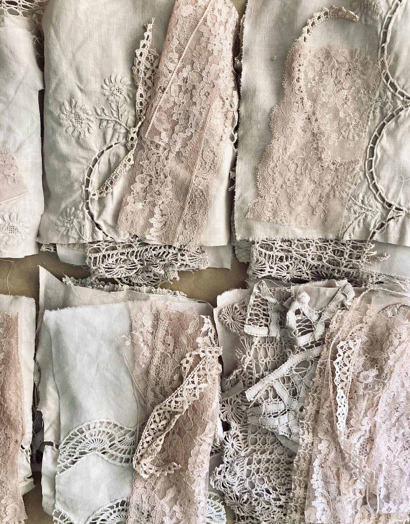 Antique Linen Lace Scraps Bundle: Hand Dyed Blush Beige Textile Mix ...