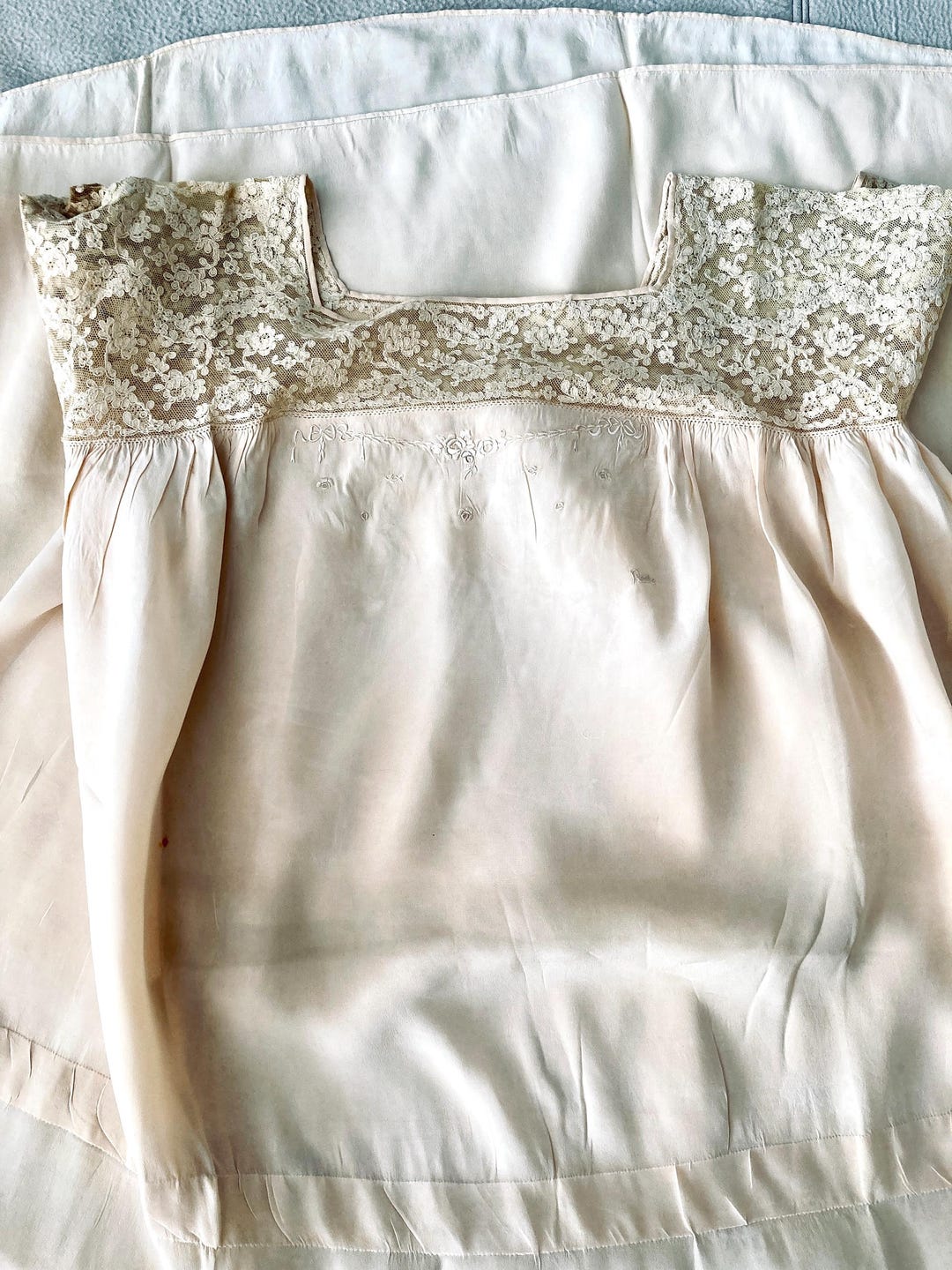 Vintage Silk Nightgown With Embroidered Ruffle Lace and Monogram, Early ...