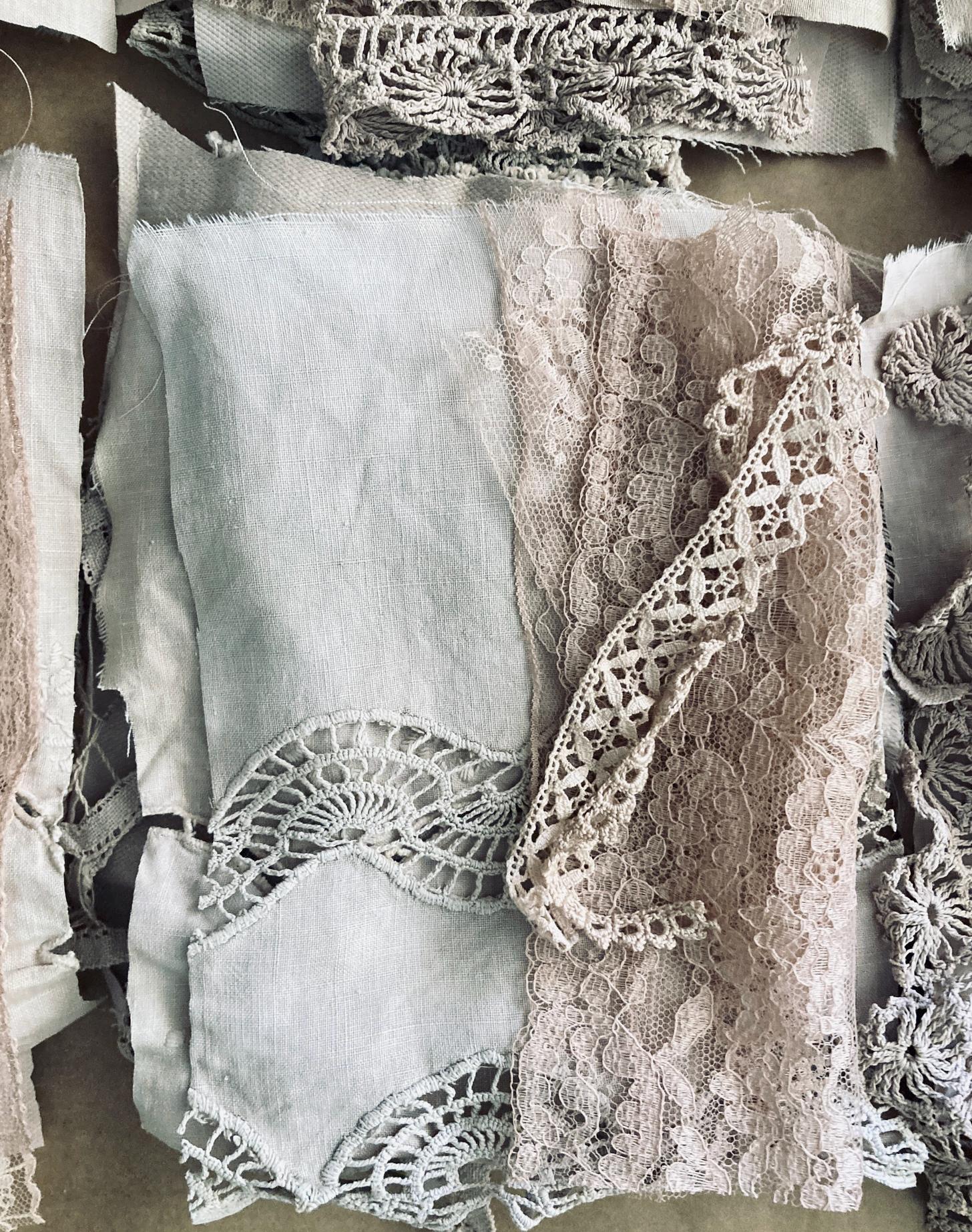 Antique Linen Lace Scraps Bundle: Hand Dyed Blush Beige Textile Mix ...
