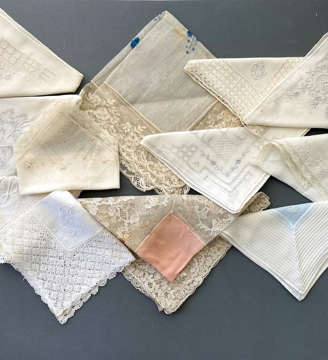 Vintage Antique Handkerchief Set With Embroidered Initials and Lace Detail. Delicate Old ...