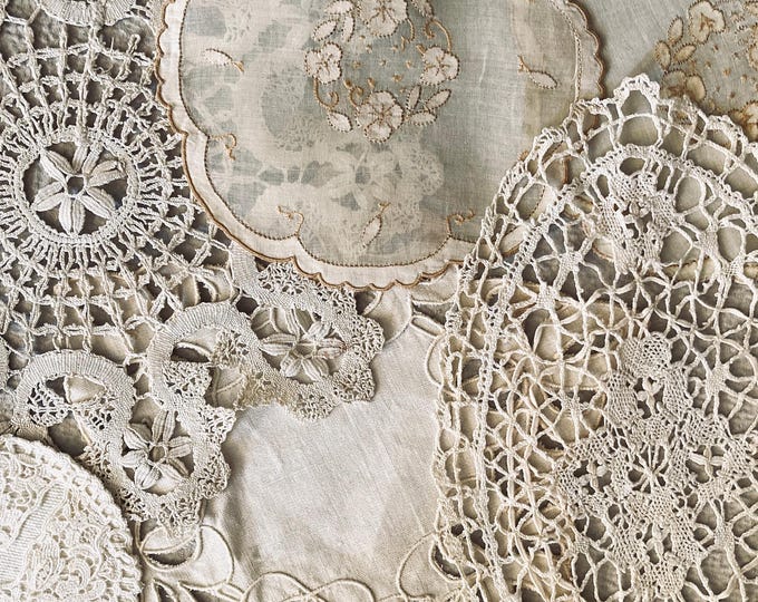 Antique Doilies Set, White and Off-white Linen, Embroidred Mesh, Bobbin ...