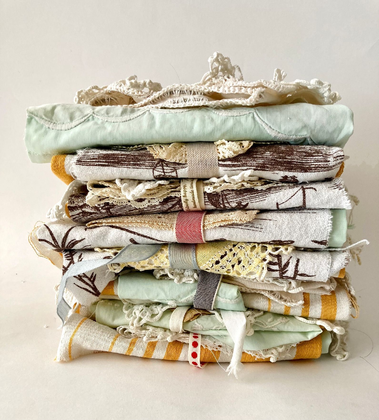 Antique Cotton Fabric Scraps Bundle in Yellow, Brown, and White ...