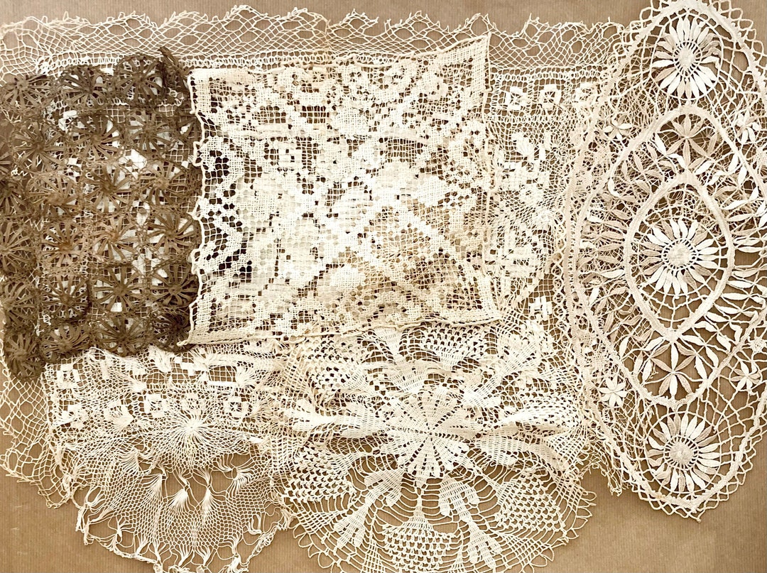 Antique and Vintage Doilies Set, White and Off-white Linen, Silk and ...