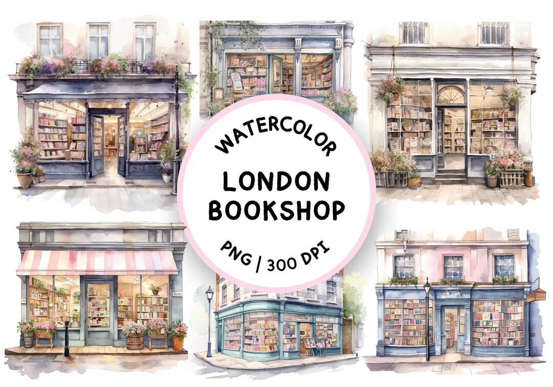London Bookshop Watercolor Clipart, Book Lover Clipart, Book Worm PNG ...
