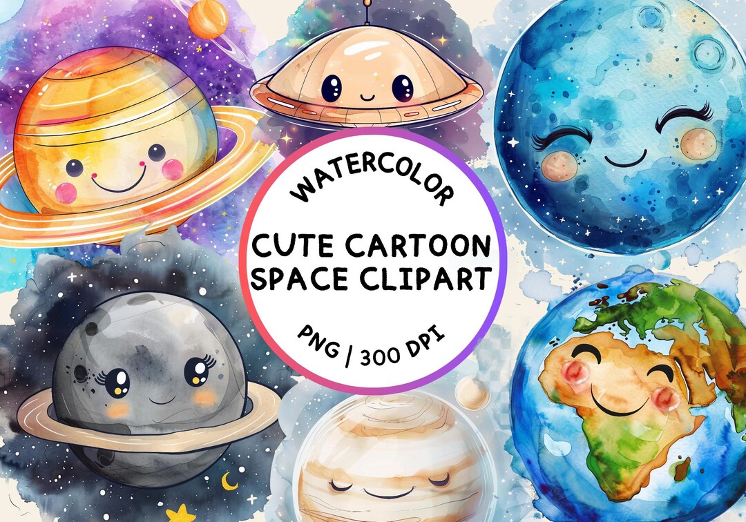 Cute Space Planets Clipart, Watercolor UFO, PNG, Cute Galaxy, Cartoon ...