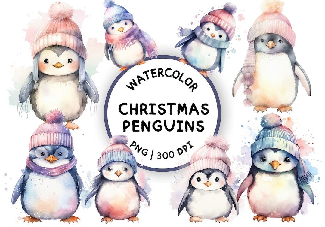 Christmas Penguin Clipart, Watercolor Penguin, Bird PNG, Cute Penguin ...