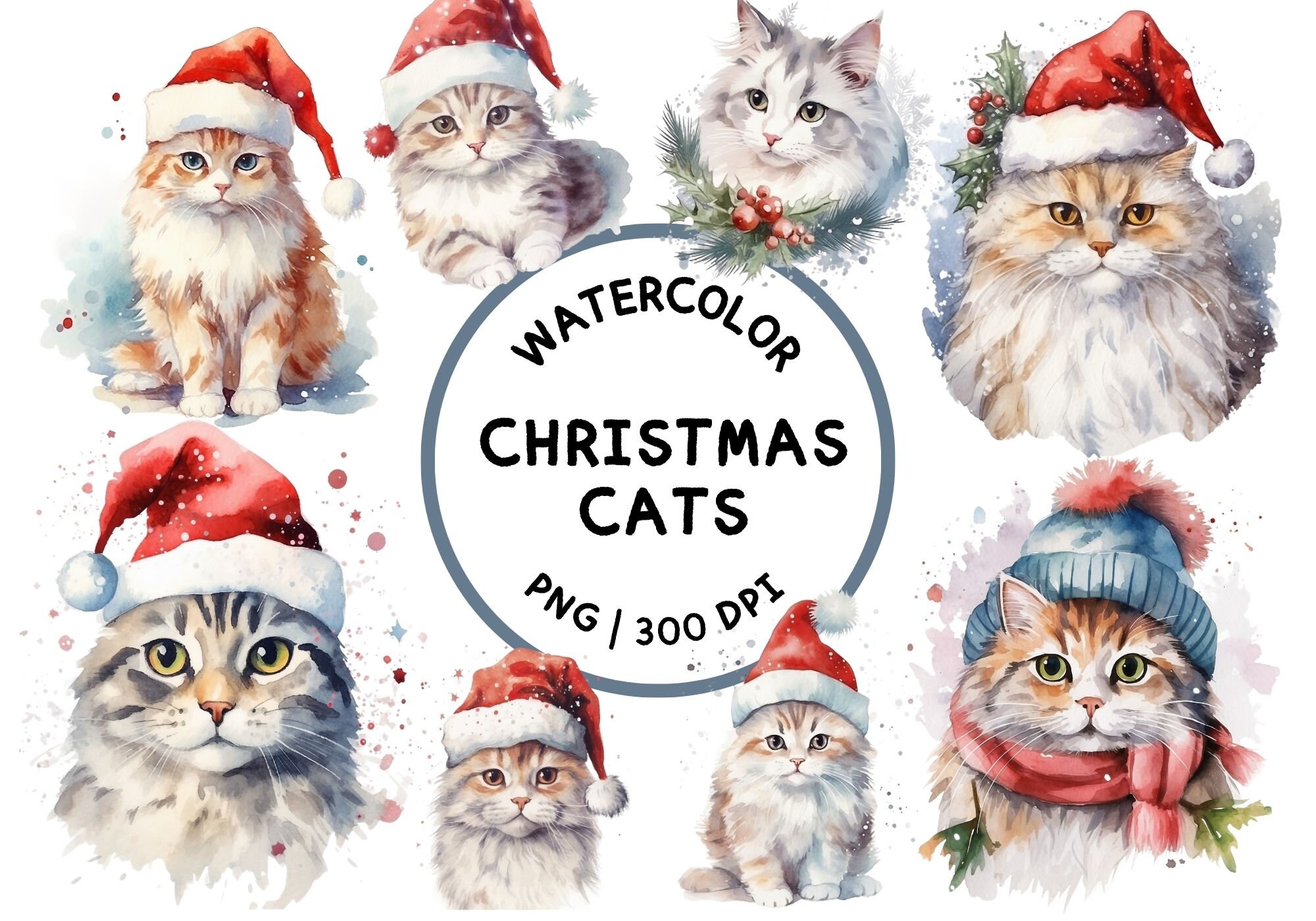 Christmas Cats Clipart, Watercolor Cats, Cat PNG, Winter Clipart ...