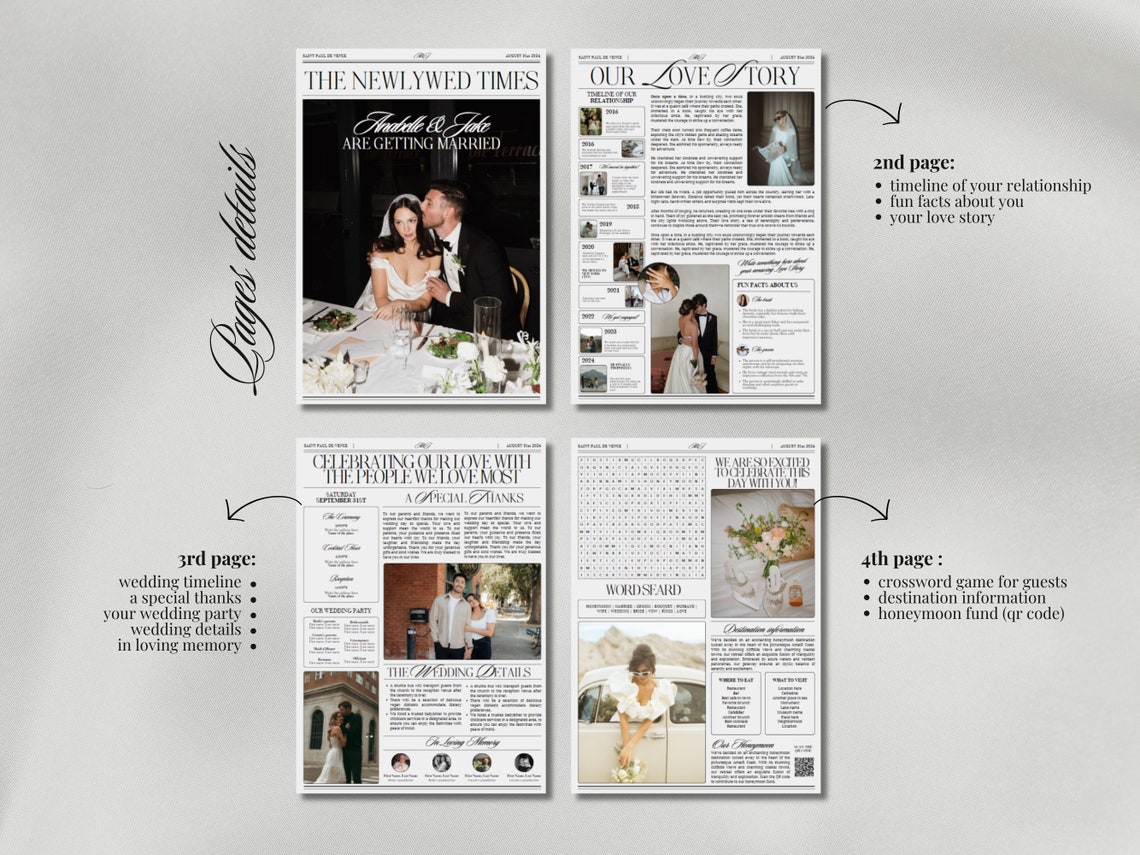 4 Page Wedding Newspaper Canva Template, Editable Wedding Newspaper ...