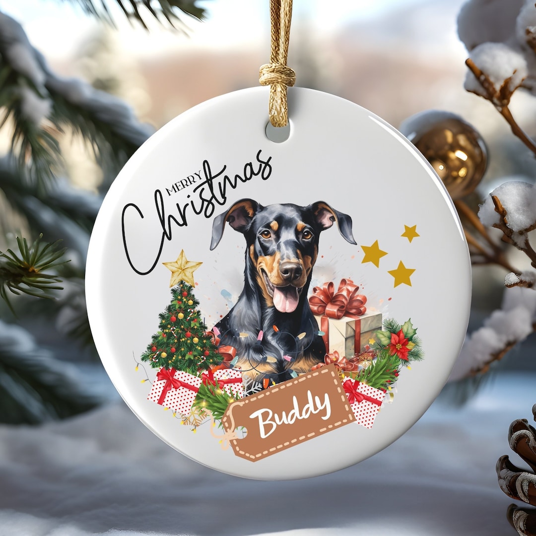 Personalised Doberman Dog Ornament Custom Round Ceramic Pet Ornament First Christmas With Dog ...