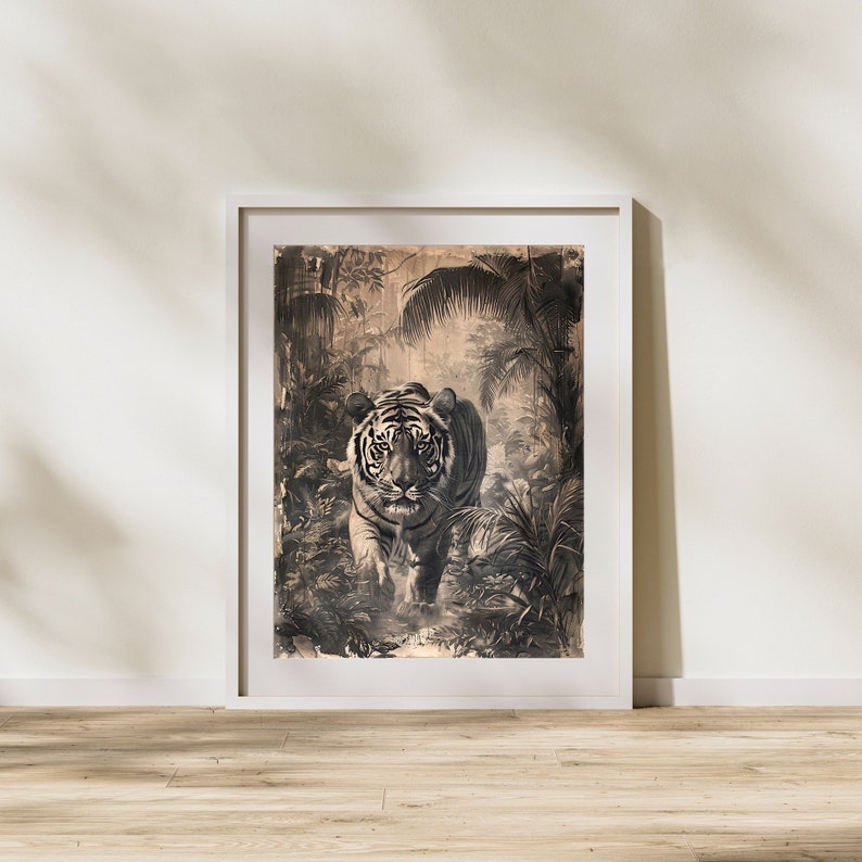 Tropical Tiger Wall Art Print Monochromatic Vintage Jungle Artwork ...