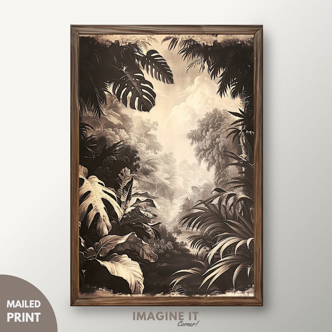Tropical Jungle Wall Art Print Monochromatic Vintage Jungle Artwork ...