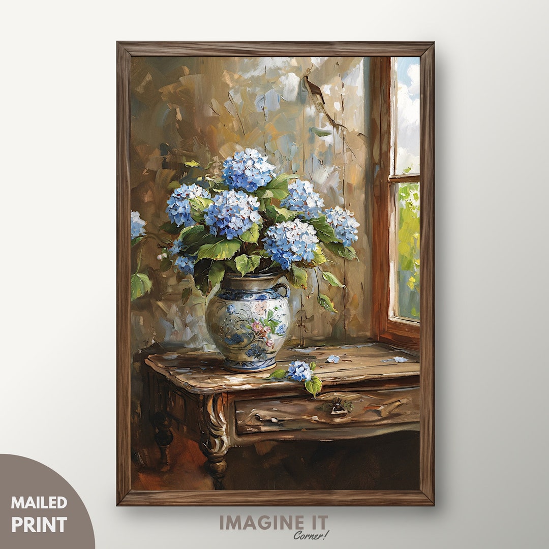 Blue Hydrangea Wall Art Print Floral Still Life Painting Vintage Spring ...
